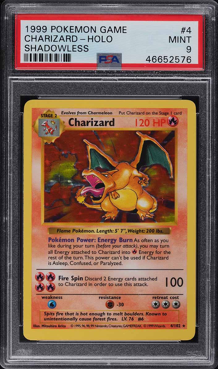 1999 Pokemon Base Set Shadowless Holo Charizard #4 PSA 9 MINT on Fanatics Collect