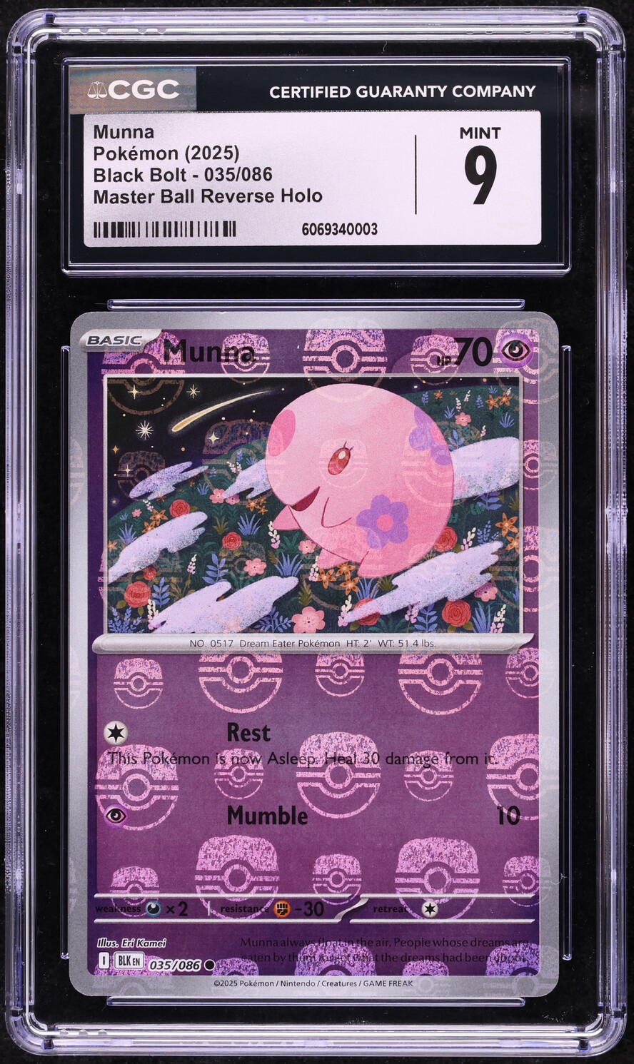 2025 Pokemon SV Black Bolt Master Ball Reverse Holo Munna #35 CGC 9 ...