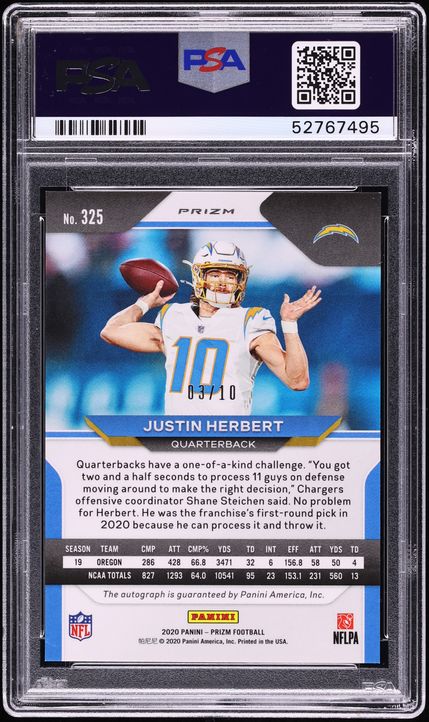 2020 Panini Prizm Gold Justin Herbert ROOKIE AUTO /10 #325 PSA 10 GEM ...