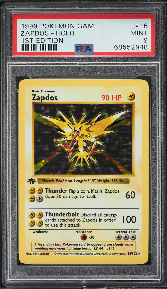 1999 Pokemon Base Set Shadowless 1st Edition Holo Zapdos #16 PSA 9 MINT ...