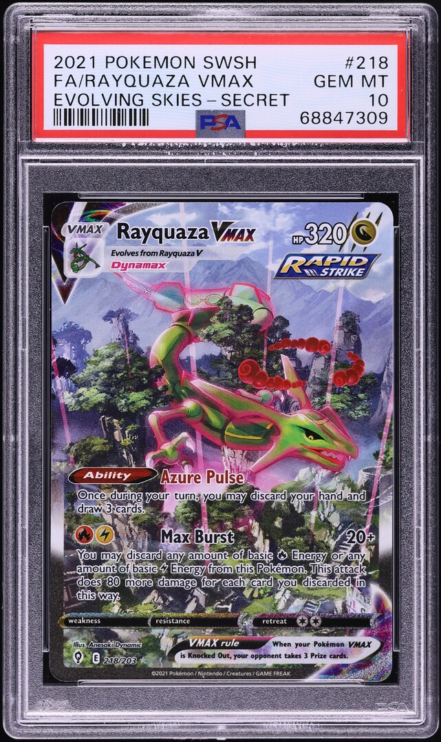 2021 Pokemon SWSH Evolving Skies Alt Art Rayquaza VMAX #218 PSA 10 GEM ...