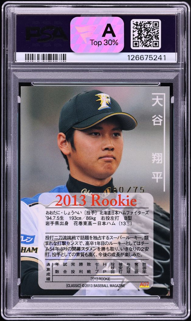 2013 BBM Classic Above Average Shohei Ohtani ROOKIE /75 #A07 PSA 9 MINT ...