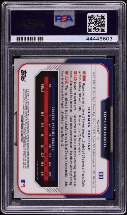 2015 Bowman Chrome Draft Refractor Taylor Ward PROSPECT #130 PSA 10 GEM ...