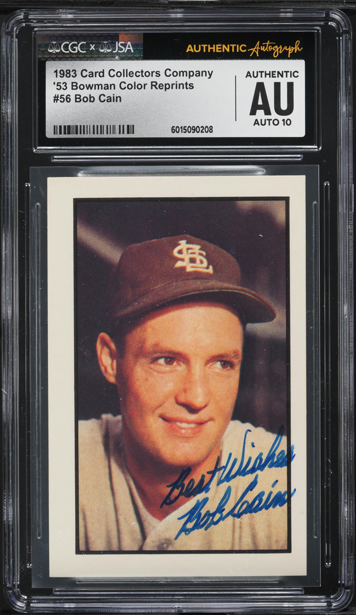 1983 Card Collectors Company '53 Bowman Color Reprint Bob Cain AUTO JSA ...