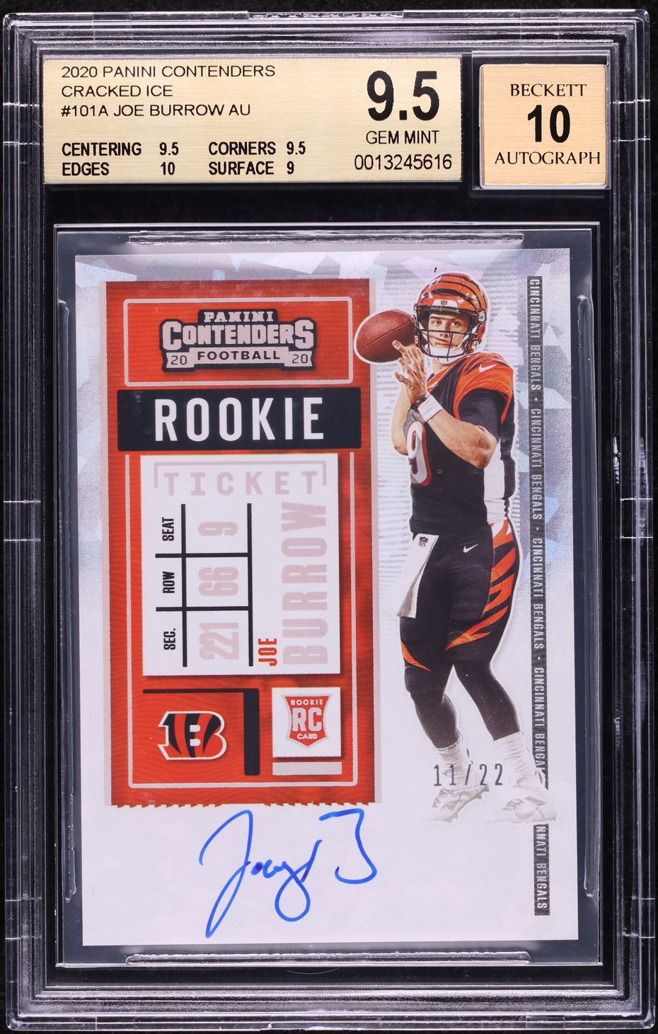 2020 Panini Contenders Cracked Ice Joe Burrow ROOKIE AUTO /22 #101 BGS ...