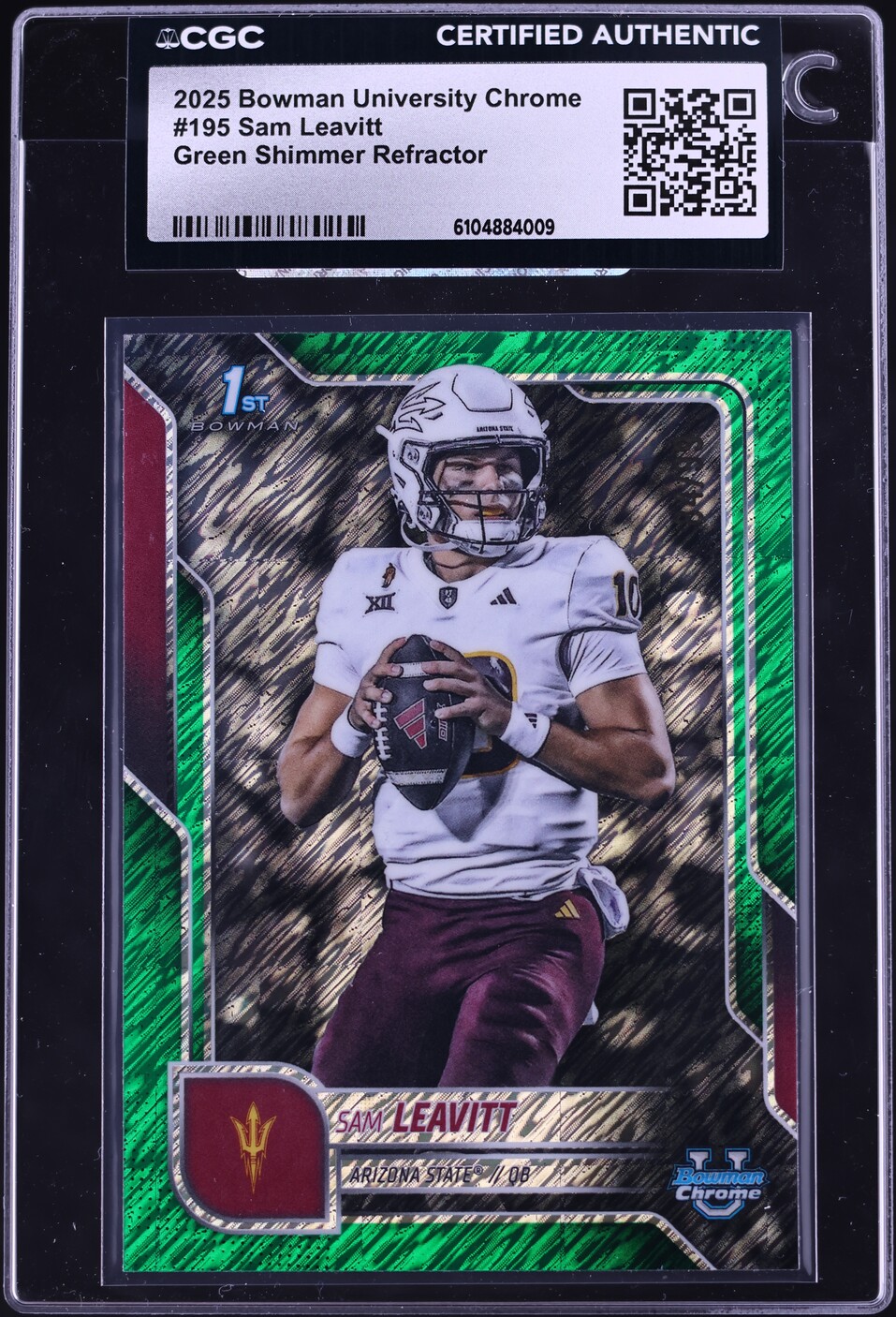 2025 Bowman Chrome University Green Shimmer Refractor Sam Leavitt ...