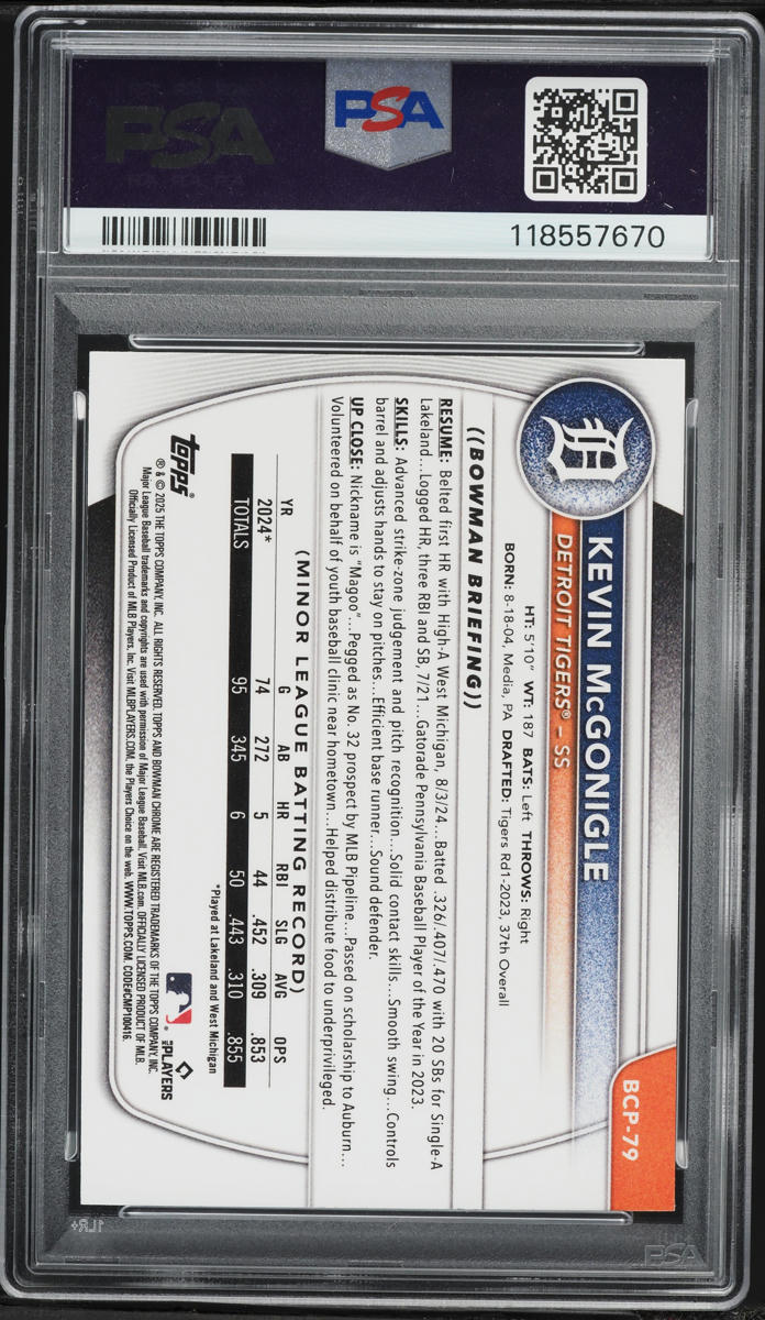 2025 Bowman Chrome Kevin McGonigle PROSPECT #BCP-79 PSA 10 GEM MINT on Fanatics Collect