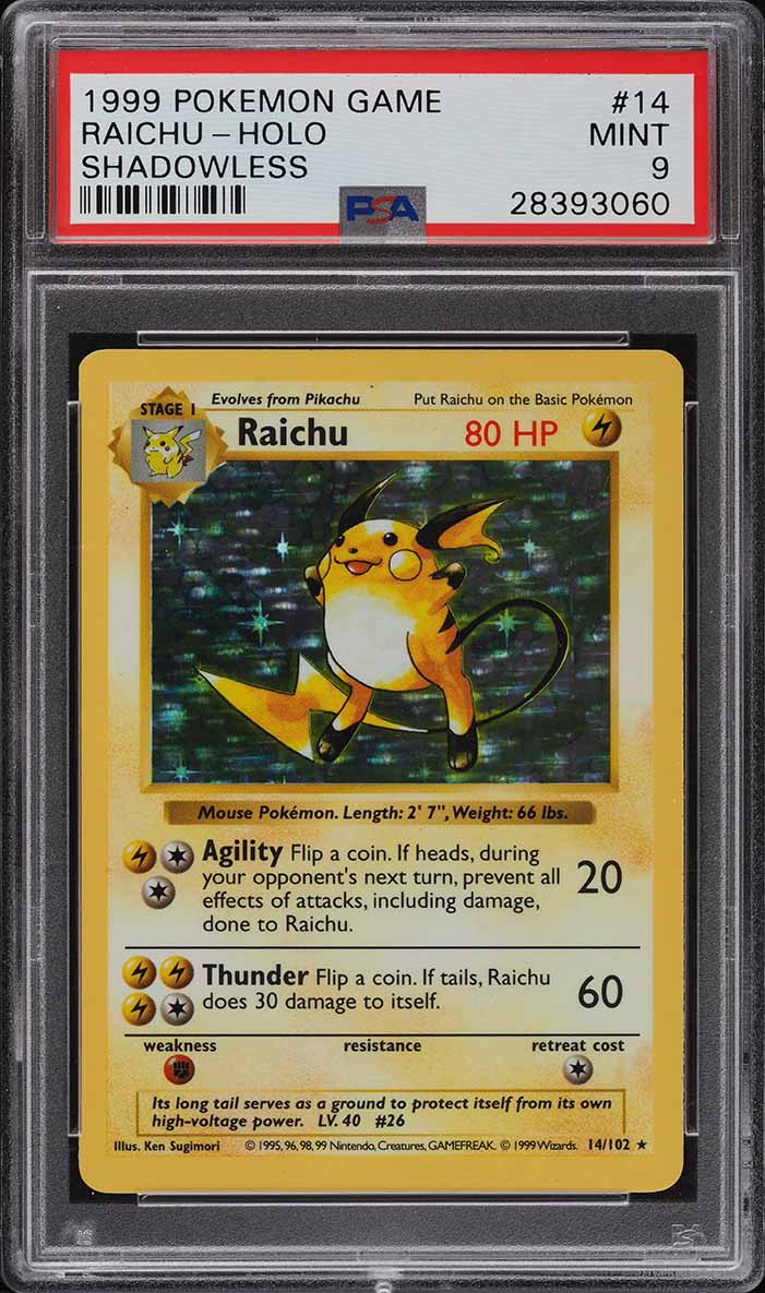 1999 Pokemon Base Set Shadowless Holo Raichu #14 PSA 9 MINT on Fanatics ...