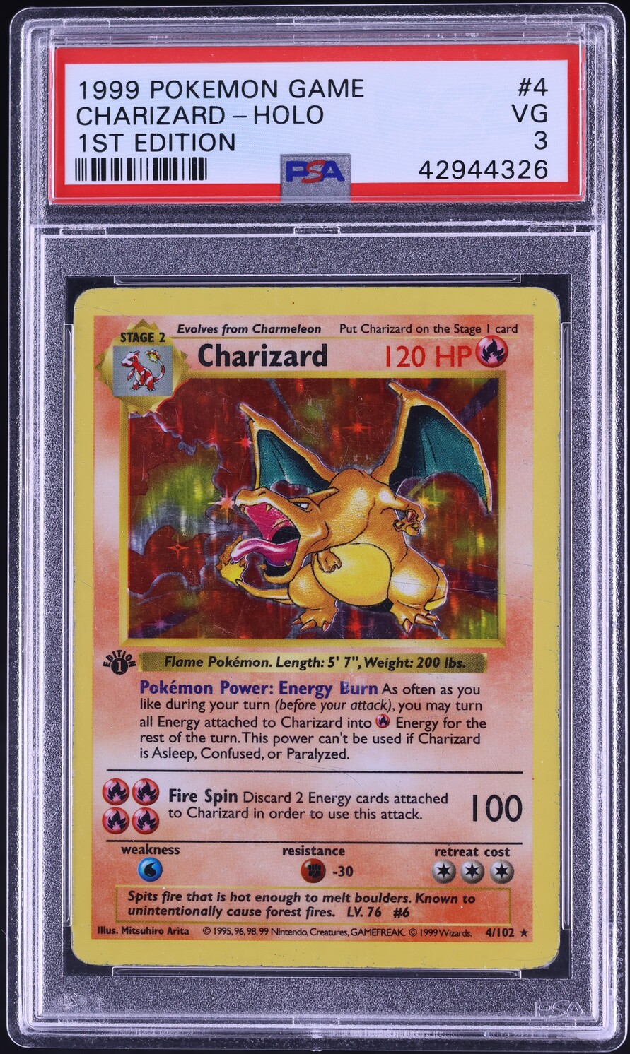1999 Pokemon Base Set Shadowless 1st Edition Holo Charizard #4 PSA 3 VG ...