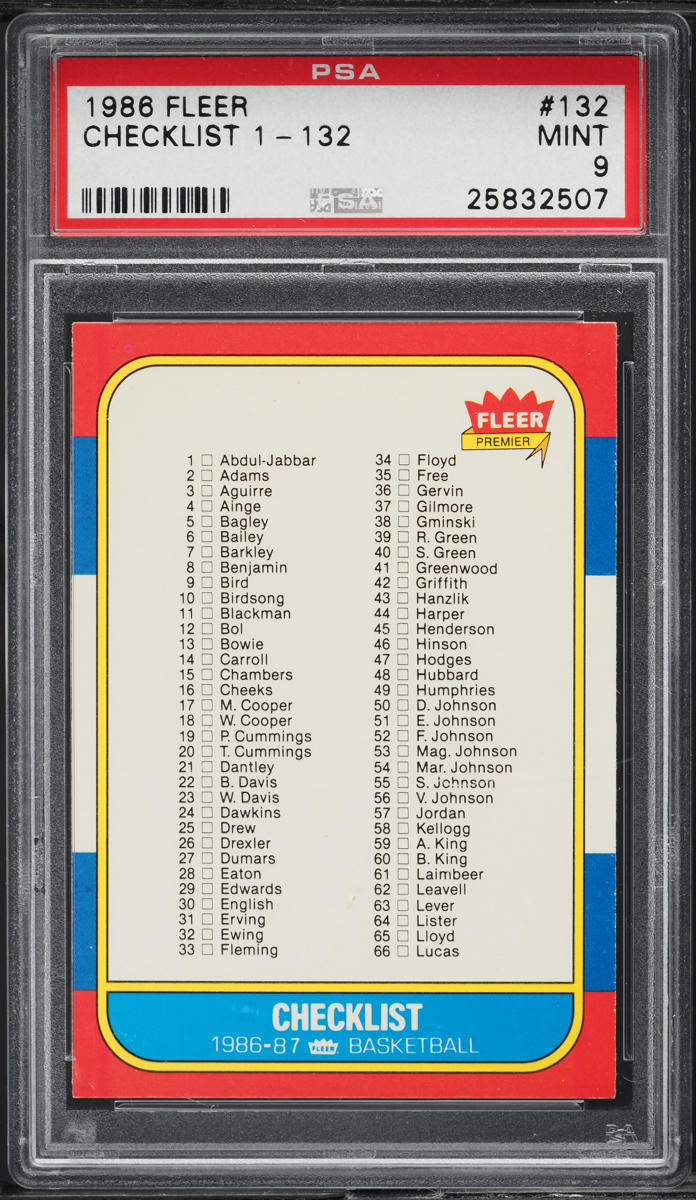 1986 Fleer Basketball Checklist 1-132 #132 PSA 9 MINT on Fanatics Collect