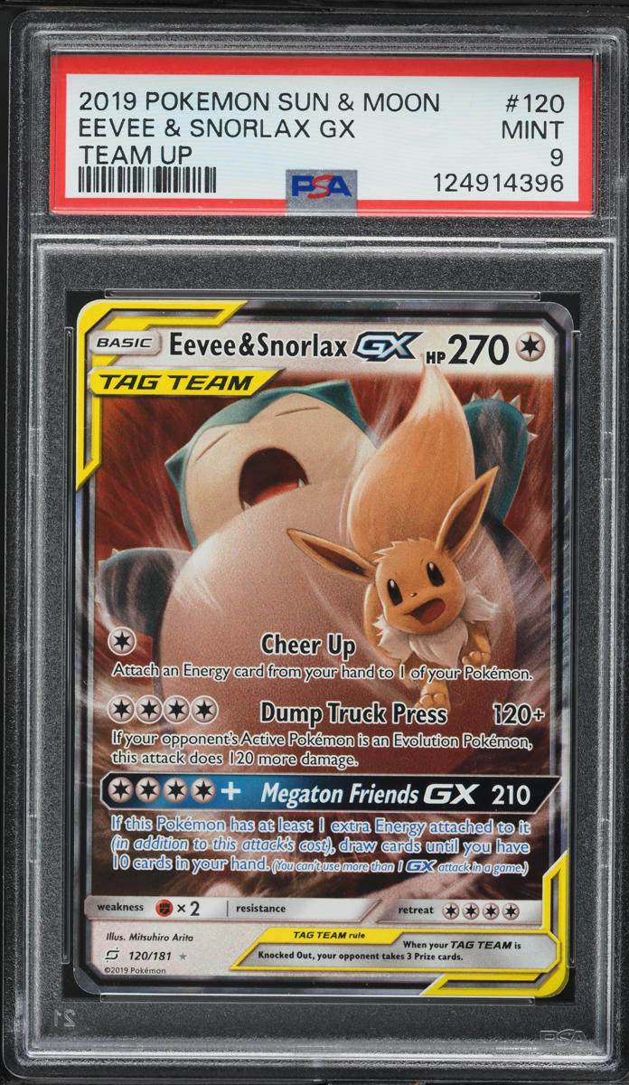 2019 Pokemon Sun & Moon Team Up Full Art Eevee & Snorlax GX #120 PSA 9 ...