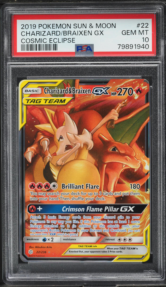 2019 Pokemon SM Cosmic Eclipse Charizard & Braixen GX #22 PSA 10 GEM MINT on Fanatics Collect