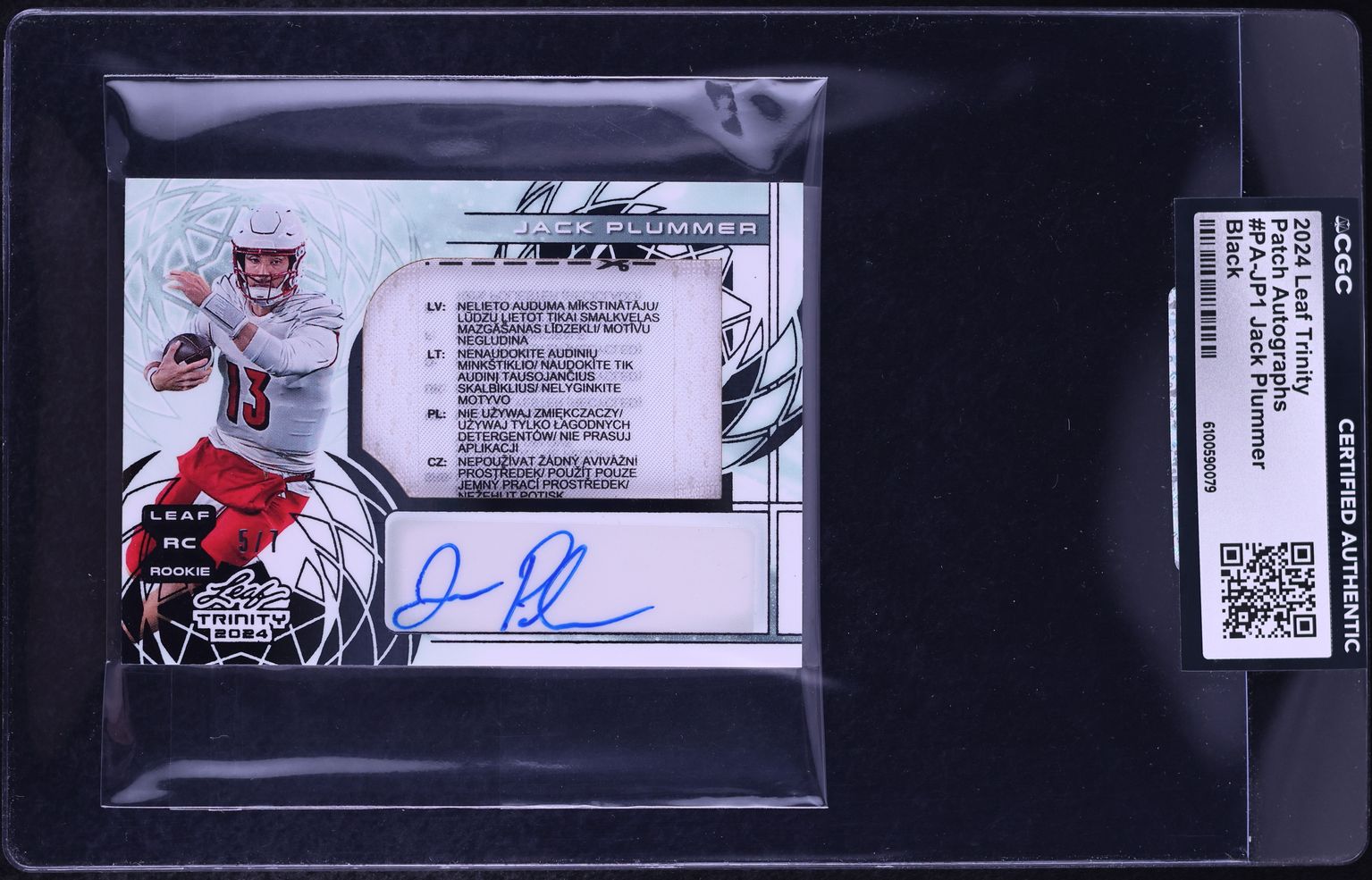 2024 Leaf Trinity Black RXC Jack Plummer ROOKIE PATCH AUTO /7 #PA-JP1 ...