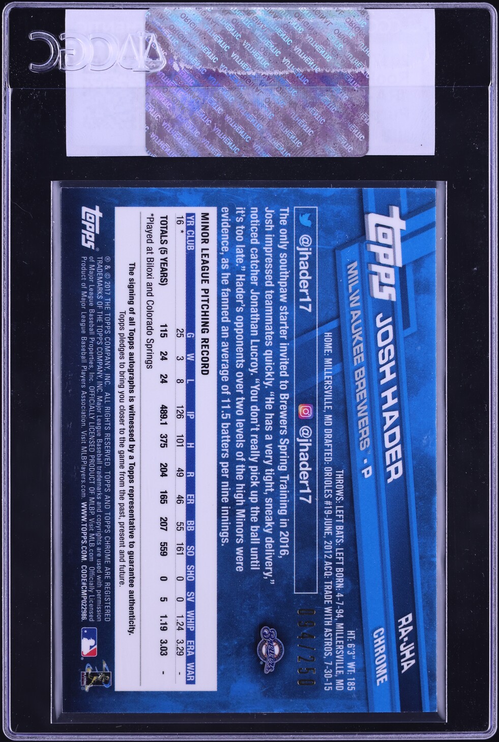 2017 Topps Chrome Purple Refractor Josh Hader ROOKIE AUTO /250 #RA-JHA ...