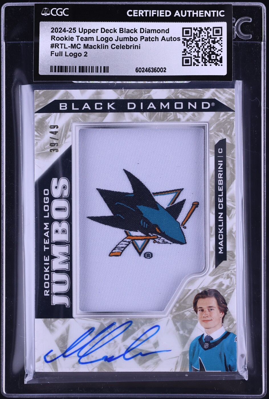2024 Black Diamond Team Logo Jumbo Macklin Celebrini RC PATCH AUTO /49 ...