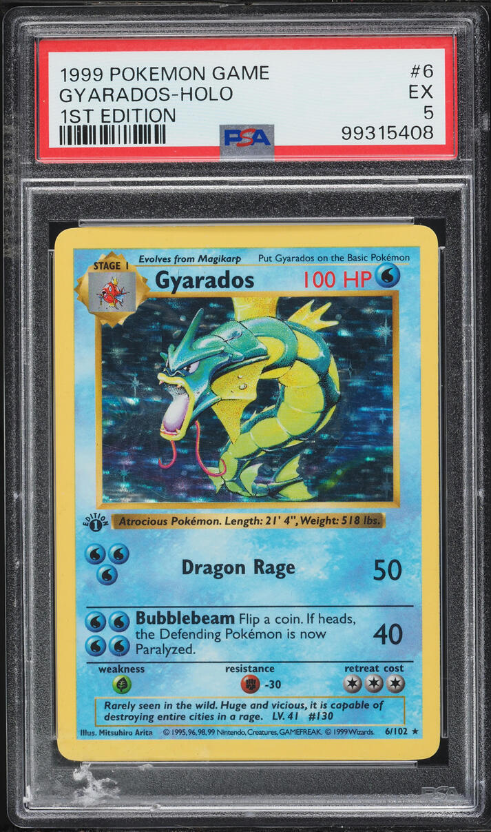 1999 Pokemon Base Set Shadowless 1st Edition Holo Gyarados #6 PSA 5 EX ...
