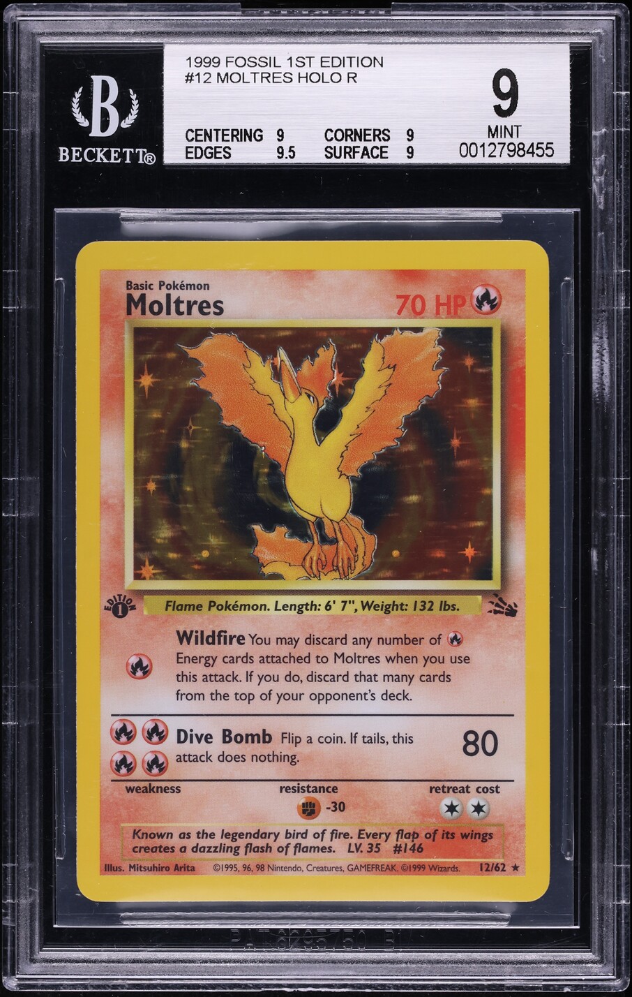 1999 Pokemon Fossil 1st Edition Holo Moltres #12 BGS 9 MINT on Fanatics Collect