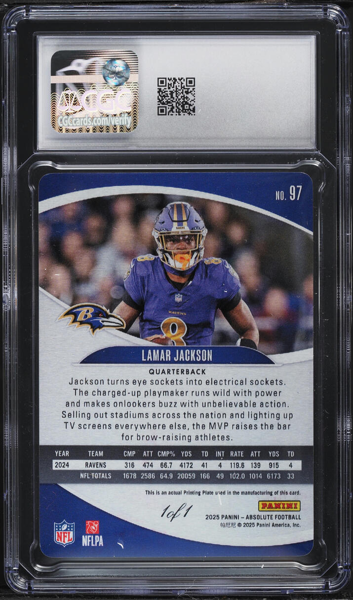 2025 Absolute Magenta Printing Plate Lamar Jackson 1/1 #97 CGC 7.5 ...