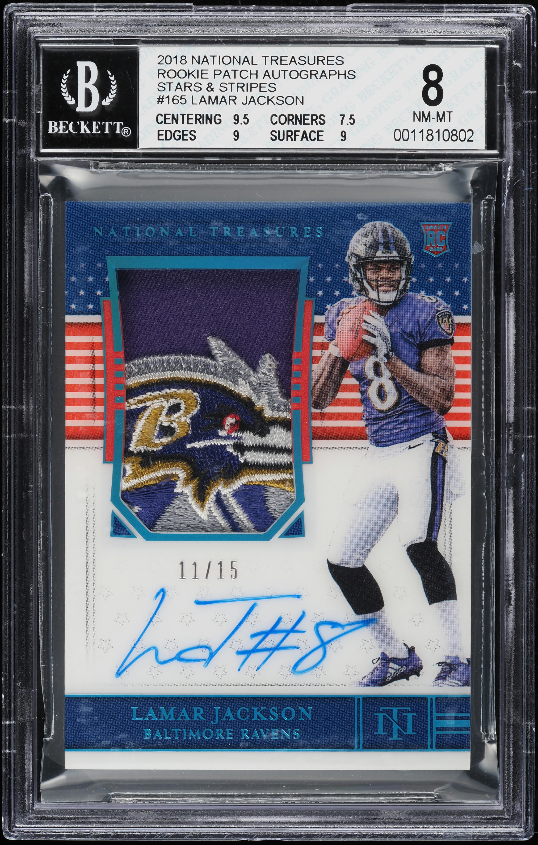 2018 National Treasures Stars Stripes Lamar Jackson ROOKIE PATCH AUTO ...