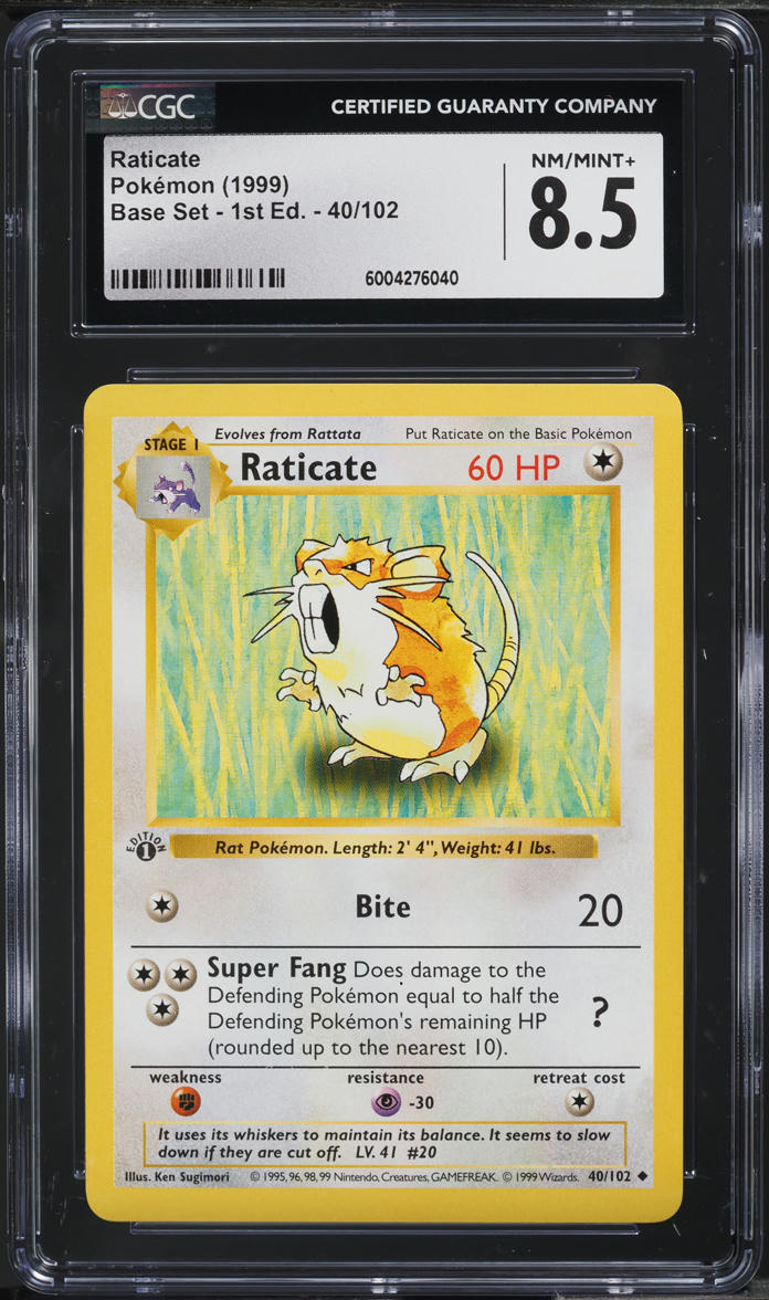 1999 Pokemon Base Set Shadowless 1st Edition Raticate #40 CGC 8.5 NM ...
