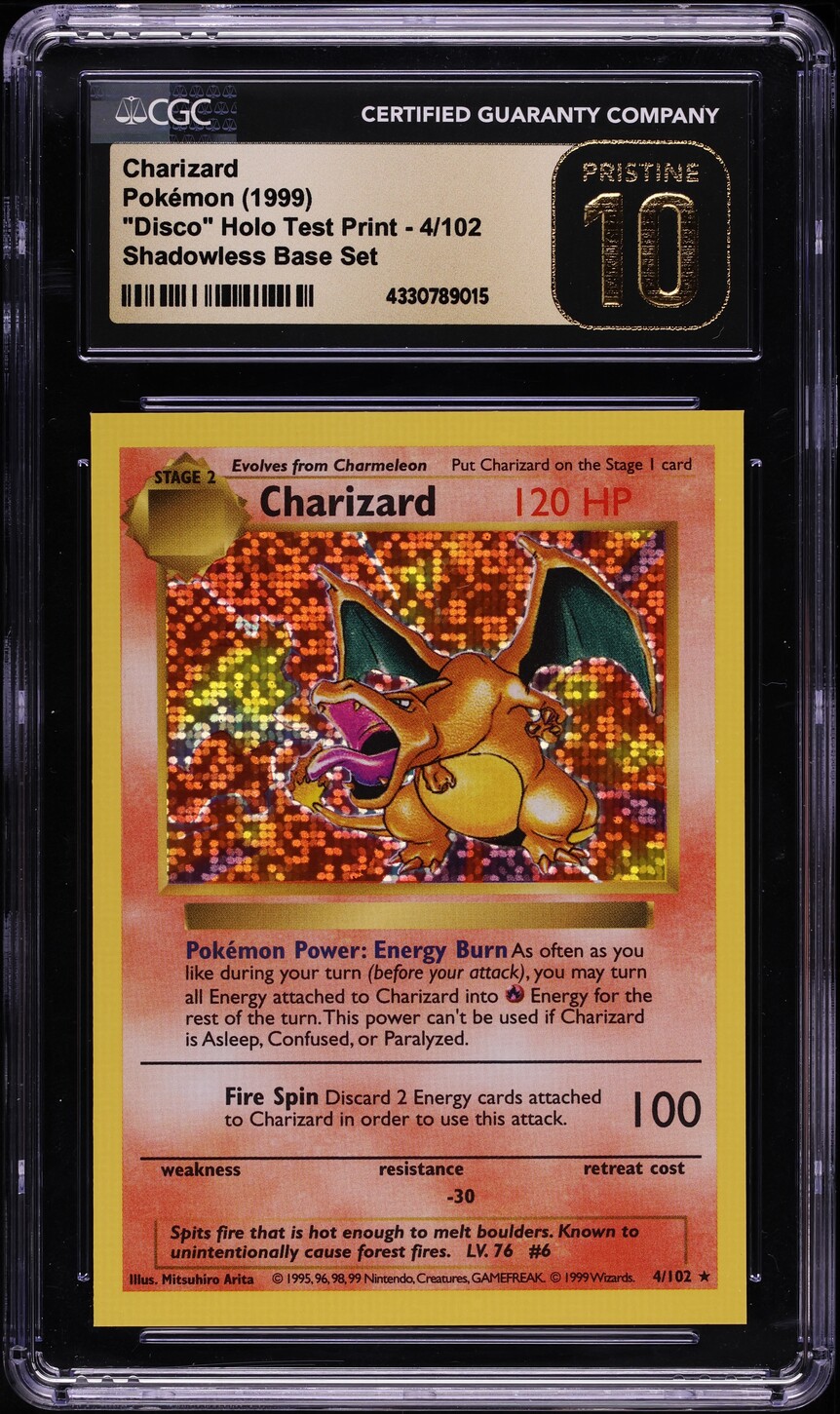 1999 Pokemon Base Set Shadowless Test Print Disco Holo Charizard CGC 10 ...