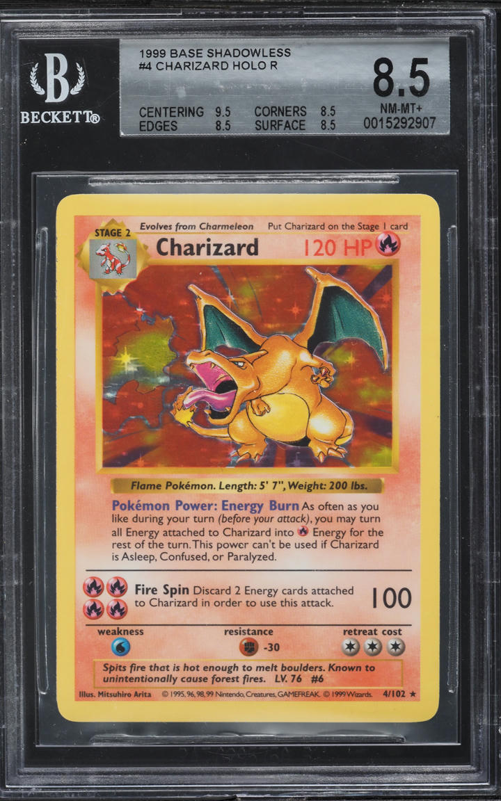 1999 Pokemon Base Set Shadowless Holo Charizard #4 BGS 8.5 NM-MT+ on ...