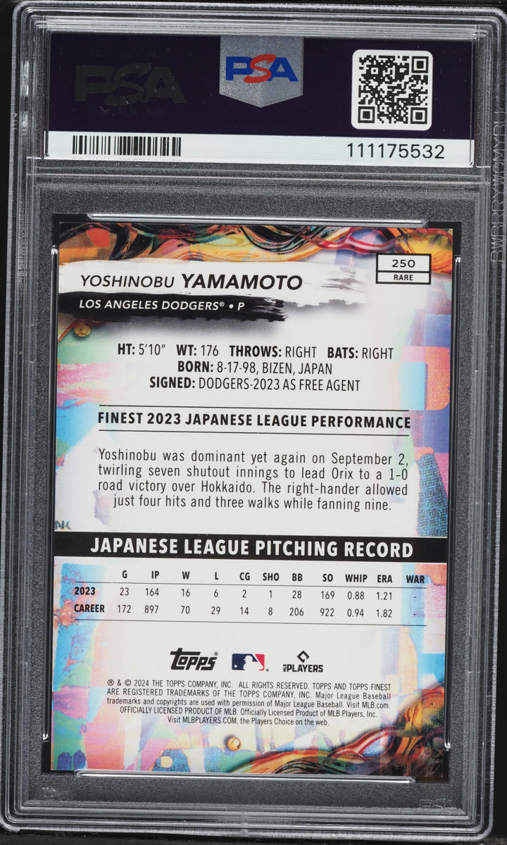 2024 Finest Purple Refractor Yoshinobu Yamamoto ROOKIE /125 #250 PSA 8 NM-MT on Fanatics Collect