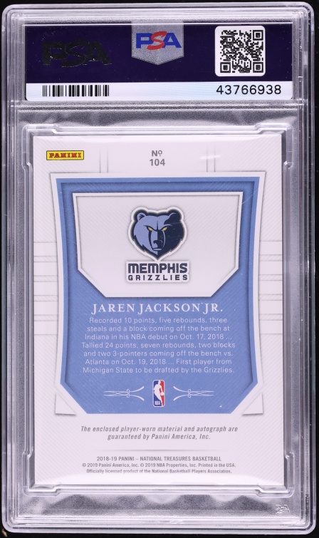 2018 National Treasures Jaren Jackson Jr. ROOKIE PATCH AUTO /99 #104 ...