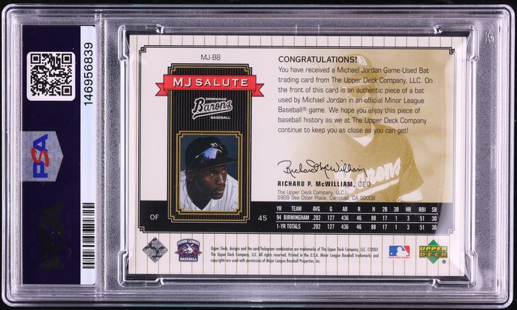 2001 Upper Deck Minor League Centennial MJ Salute Bat Gold Michael ...
