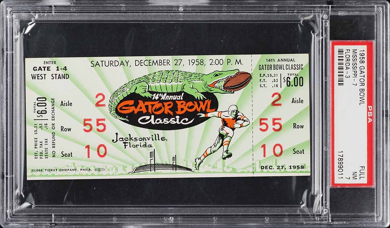 1958 Gator Bowl Full Ticket Mississippi Vs Florida PSA 7 NRMT on ...