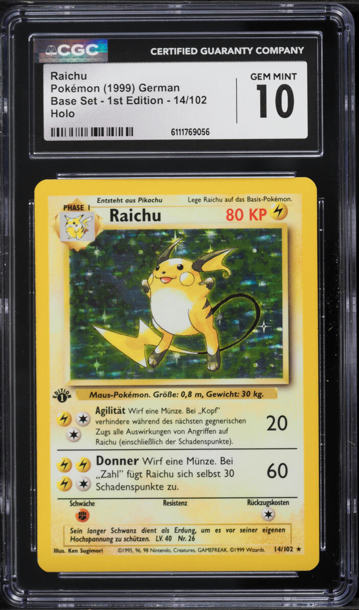1999 Pokemon German Base Set 1st Edition Holo Raichu #14 CGC 10 GEM ...