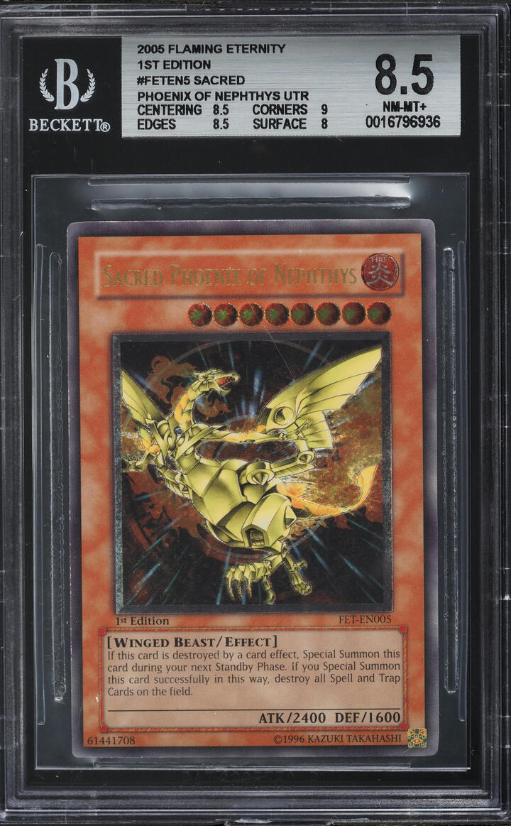 2005 Yu-Gi-Oh Flaming Eternity 1st Edition Sacred Phoenix Of Nephthys BGS 8.5 on Fanatics Collect