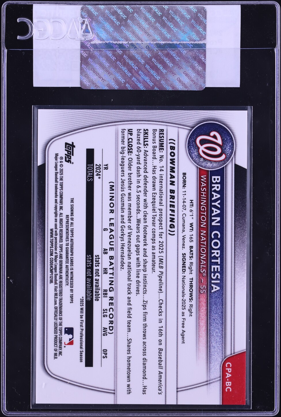 2025 Bowman Chrome Brayan Cortesia PROSPECT AUTO #CPA-BC CGC AUTH on ...
