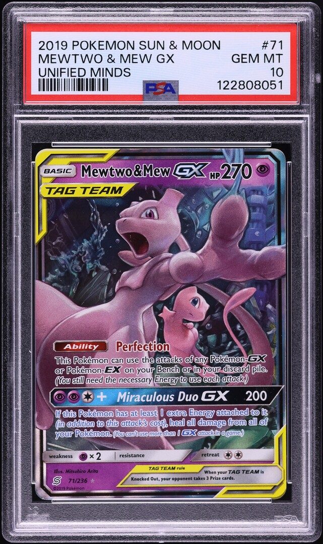 2019 Pokemon Sun & Moon Unified Minds Mewtwo & Mew GX #71 PSA 10 GEM ...