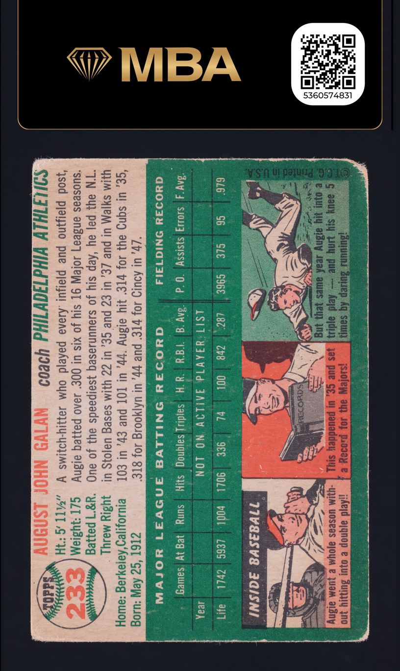 1954 Topps Augie Galan #233 MBA AUTH on Fanatics Collect