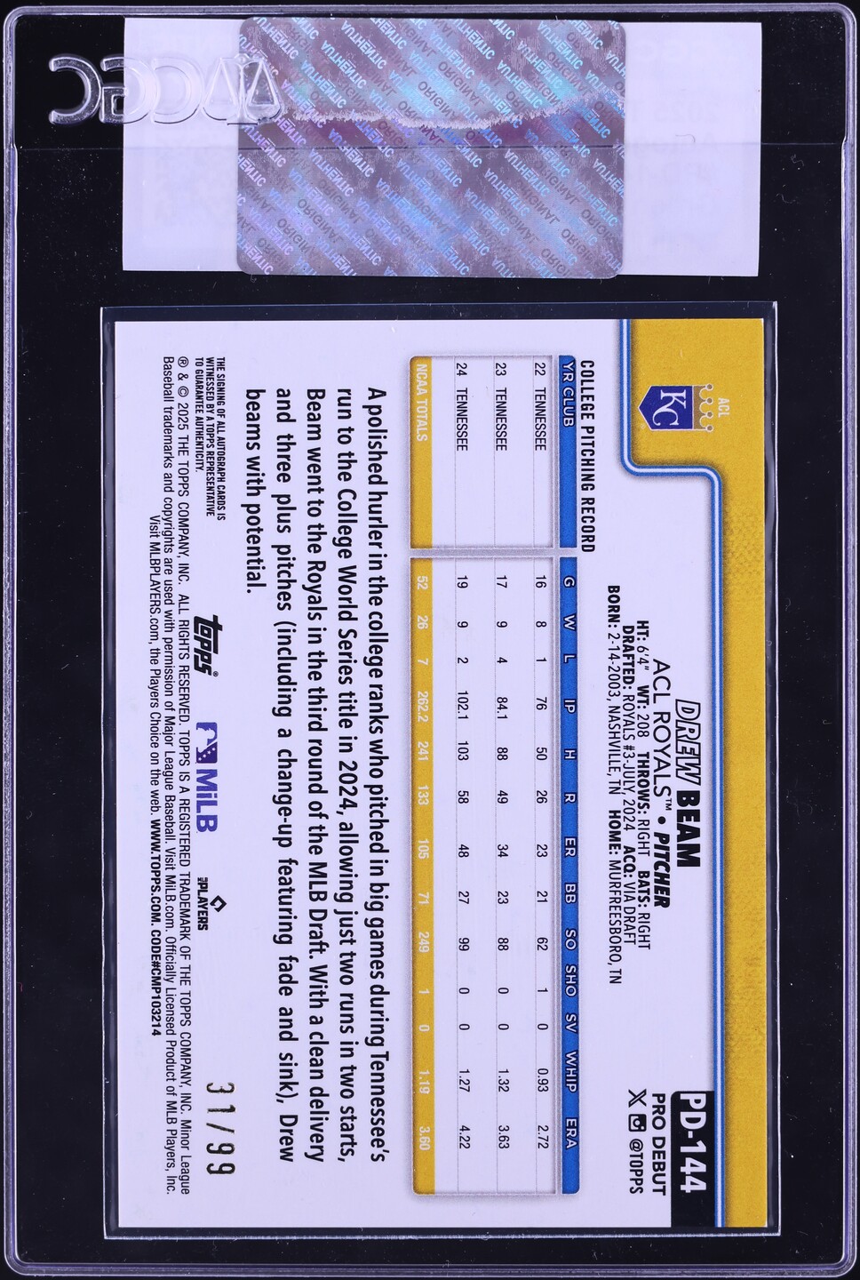 2025 Topps Pro Debut Green Foil Drew Beam PROSPECT AUTO /99 #PD-144 CGC ...