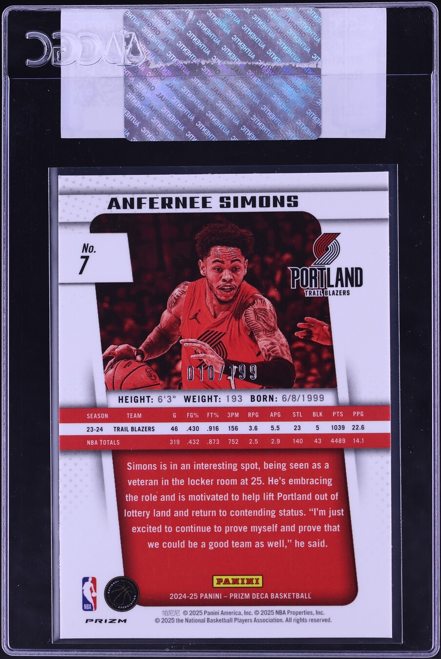 2024 Panini Prizm Deca Red Anfernee Simons /199 #7 CGC AUTH on Fanatics ...