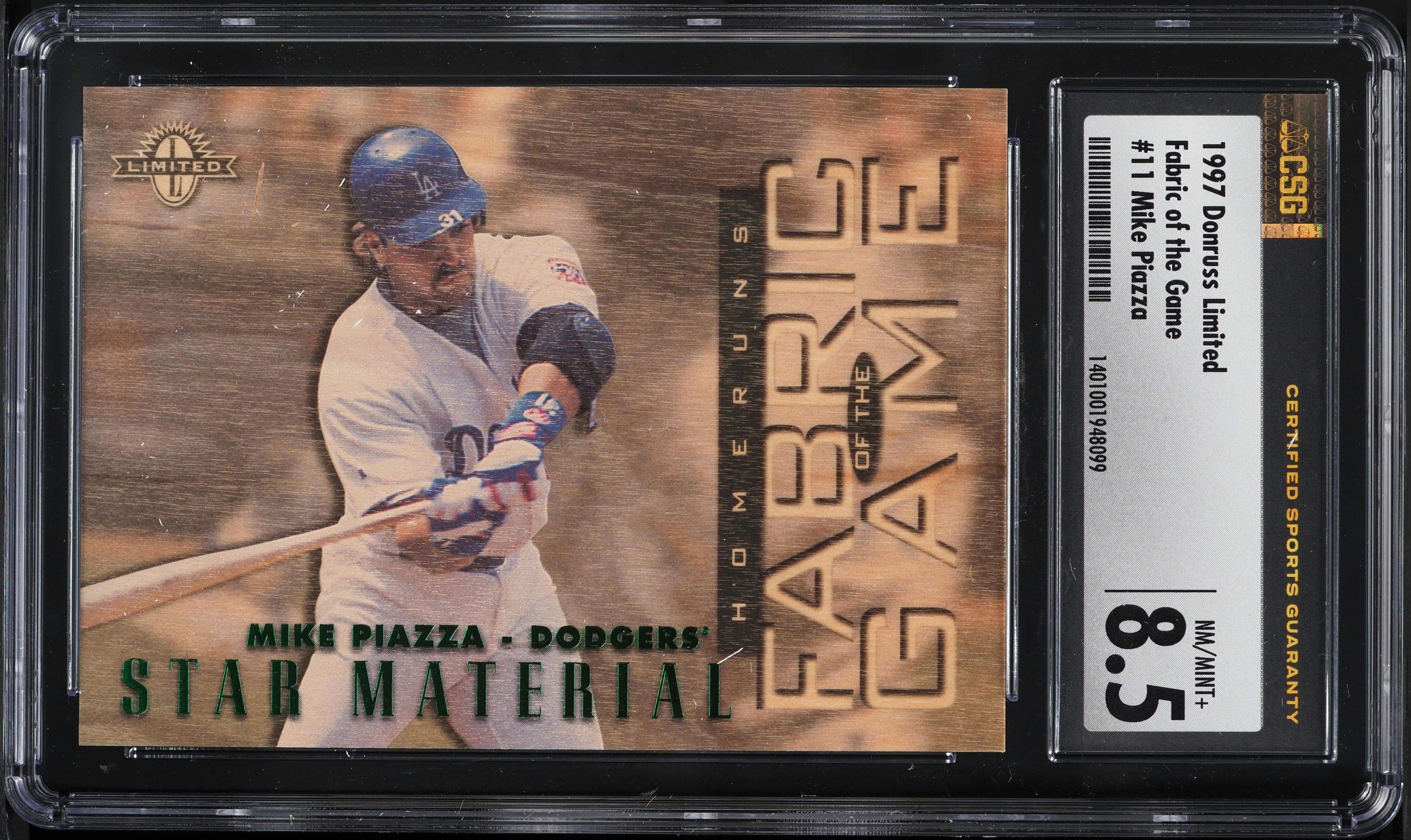 1997 Donruss Limited Fabric Of The Game Mike Piazza /750 #11 CSG 8.5 NM ...
