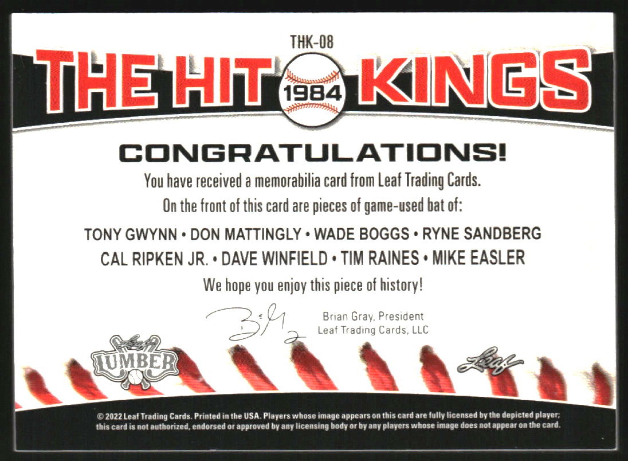 2022 Leaf The Hit Kings Gwynn Boggs Ripken Raines Mattingly Sandberg ...