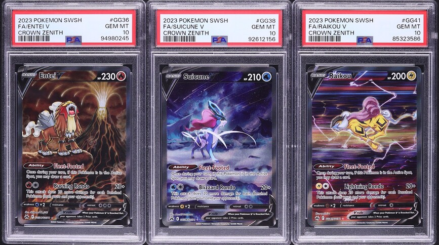 Lot(3) 2023 Pokemon SWSH Crown Zenith Alt Art Entei V Suicune V Raikou V PSA 10 on Fanatics Collect