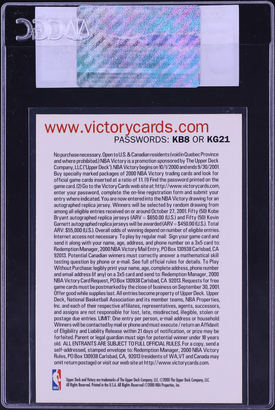 2000 Upper Deck Victory Register to Win Kobe Bryant Kevin Garnett CGC ...