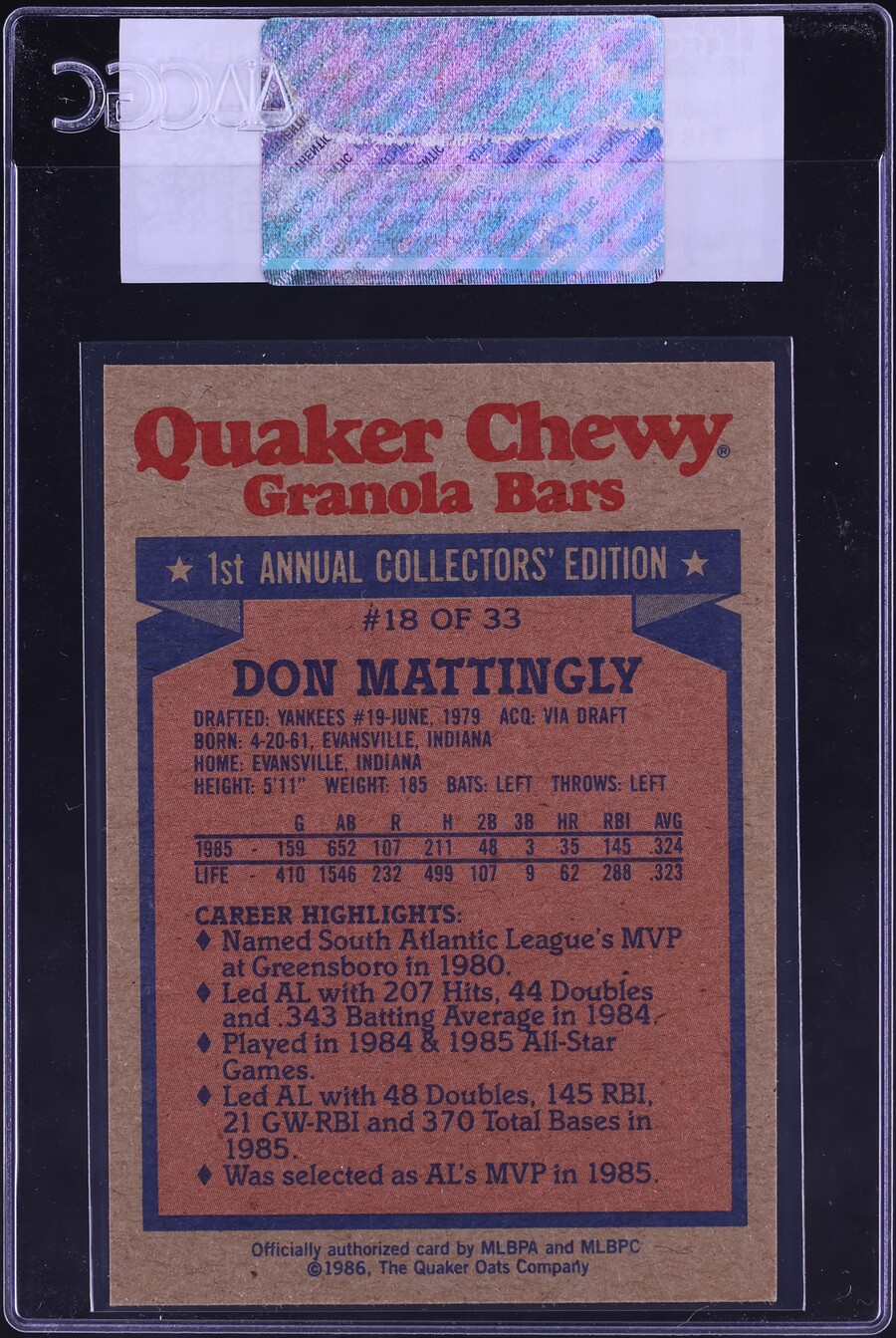 1986 Topps Quaker Granola Don Mattingly #18 CGC AUTH on Fanatics Collect