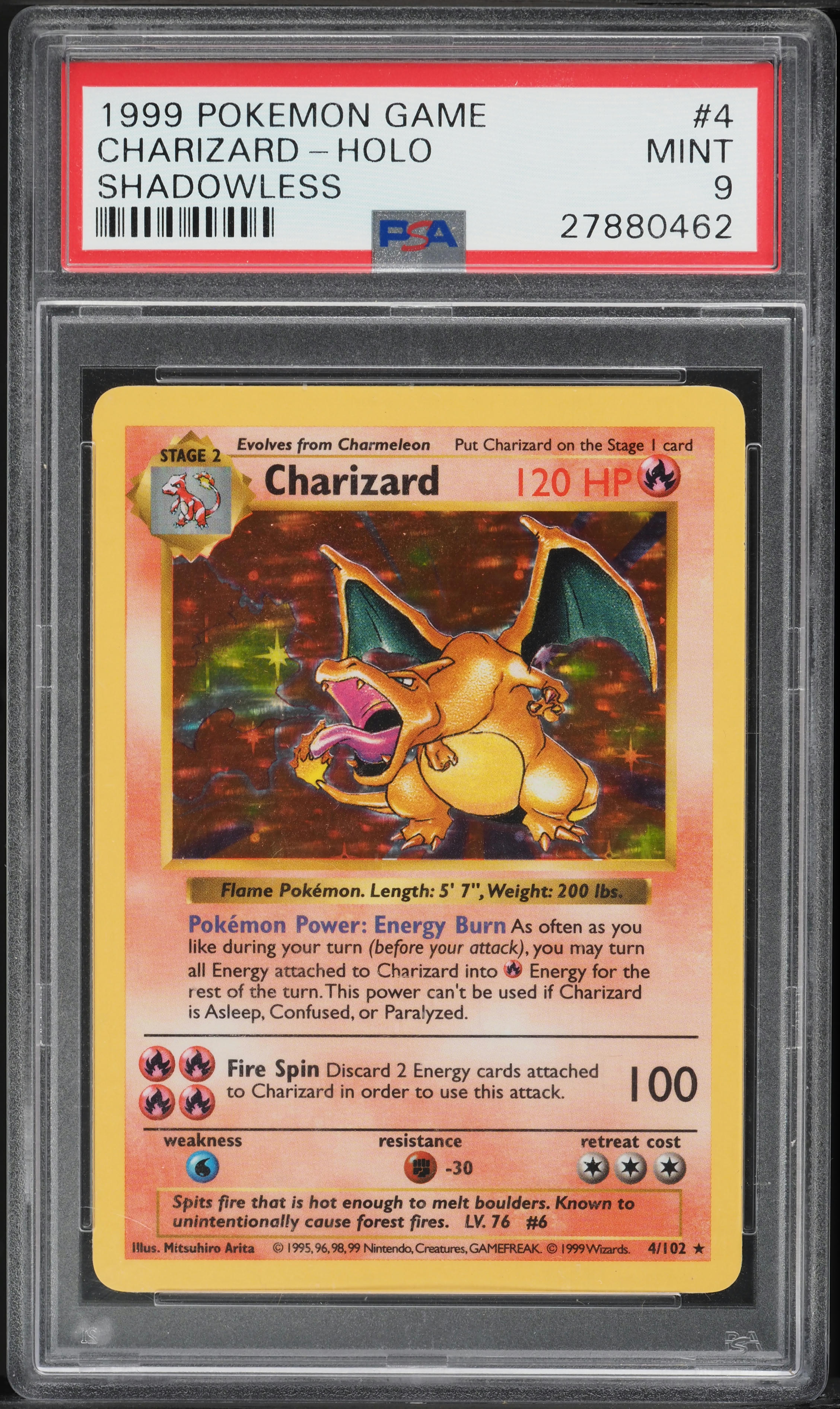1999 Pokemon Base Set Shadowless Holo Charizard #4 PSA 9 MINT on Fanatics Collect