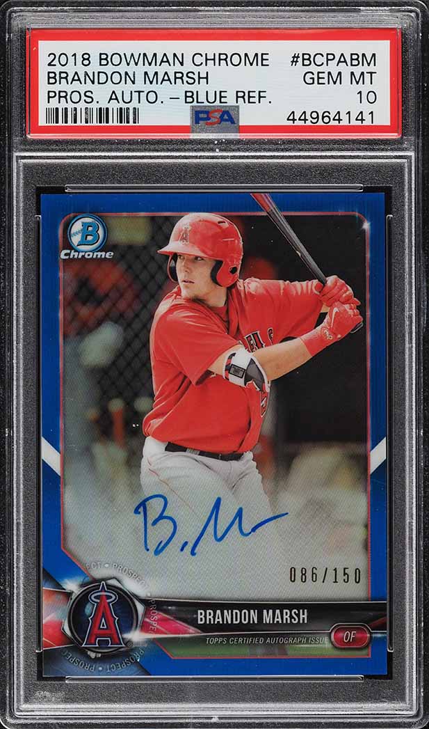 2018 Bowman Chrome Blue Refractor Brandon Marsh PROSPECT AUTO /150 PSA ...