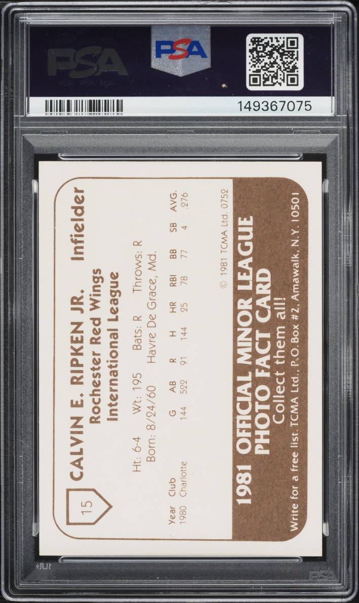 1981 TCMA Rochester Red Wings Cal Ripken Jr. ROOKIE #15 PSA 10 GEM MINT ...