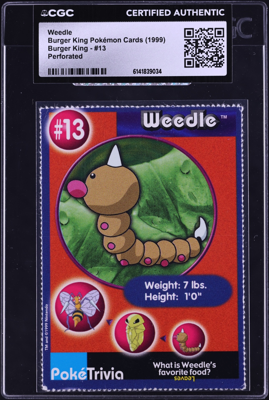 1999 Pokemon Nintendo Burger King Cards Perforated Weedle #13 CGC AUTH ...