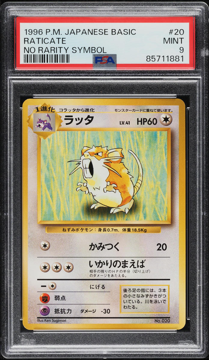 1996 Pokemon Japanese Base Set No Rarity Symbol Raticate #20 PSA 9 MINT ...