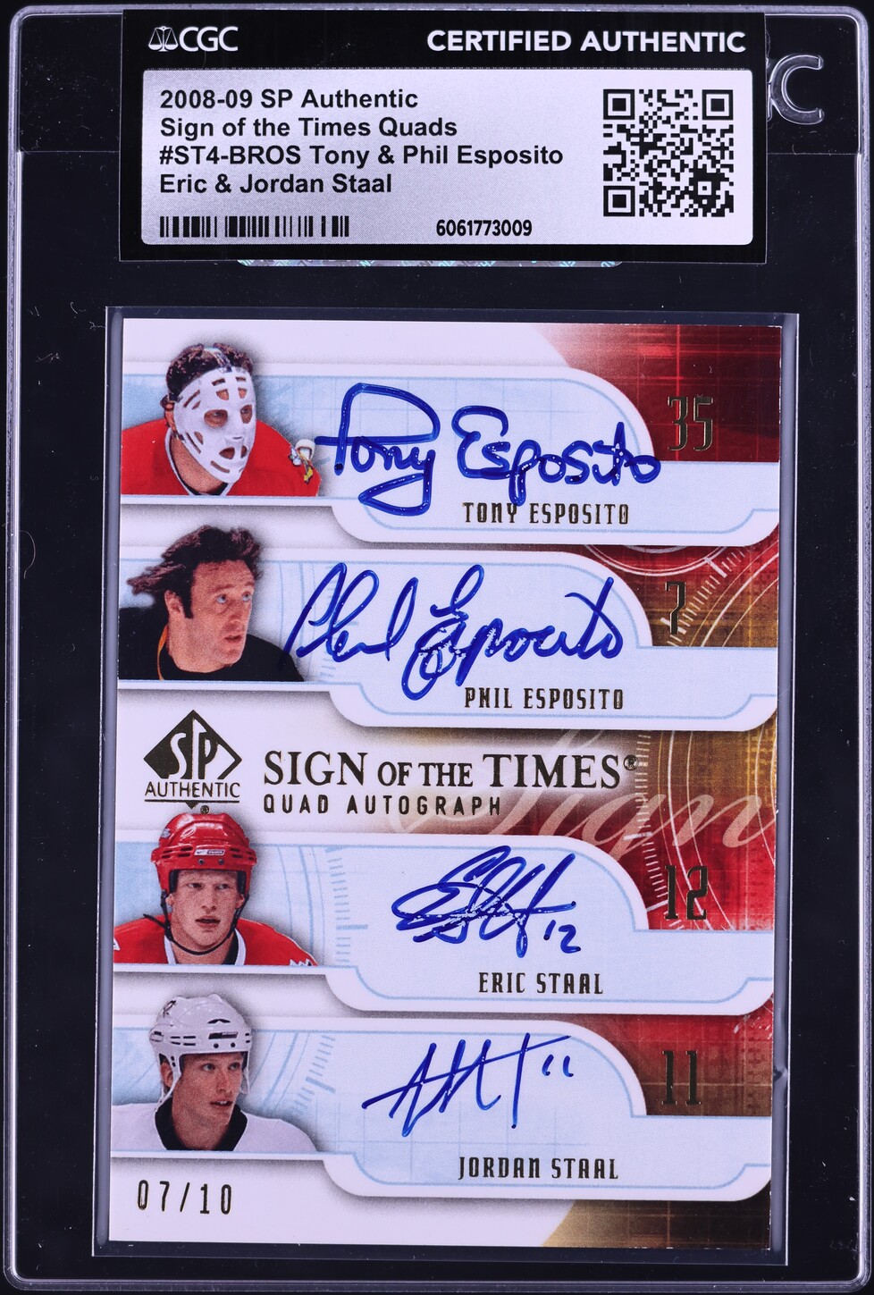 2008 SP Authentic Eric & Jordan Staal Tony & Phil Esposito AUTO /10 CGC ...