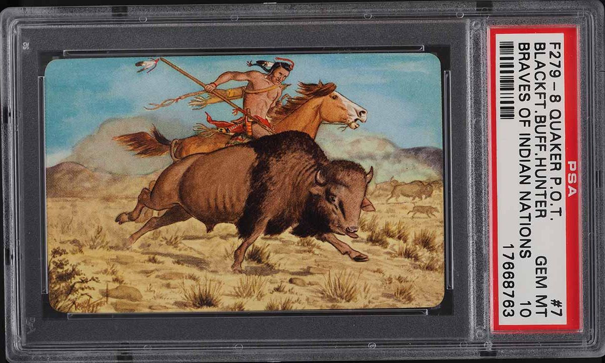 1956 F279-8 Quaker Pack-O-Ten Braves Of Indian Nations Blackfeet Buffalo PSA 10 on Fanatics Collect