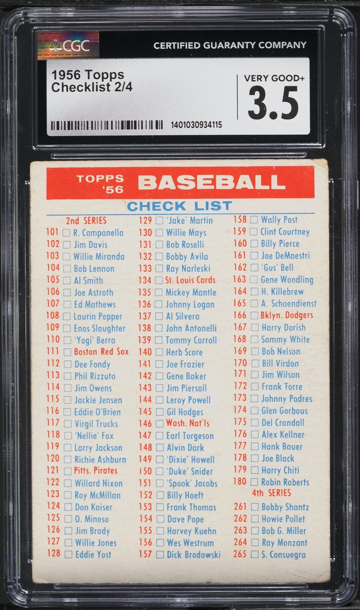 1956 Topps Checklist 2/4 CGC 3.5 VG+ on Fanatics Collect
